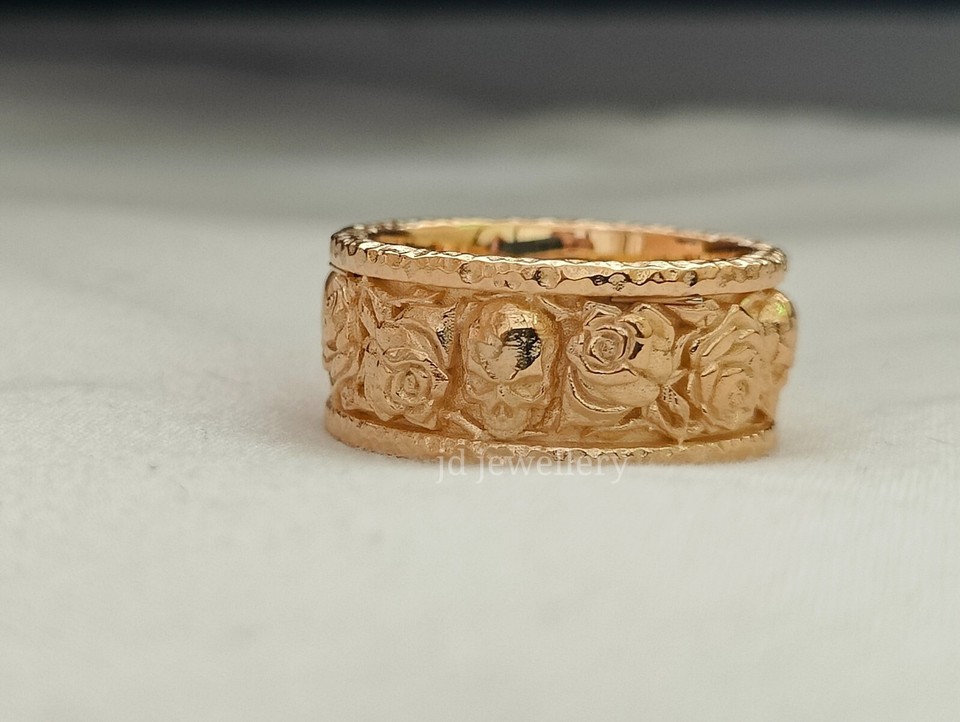 Skull Roses Band Ring, Men Gold Band Ring, Unique Band Ring for Men ...
