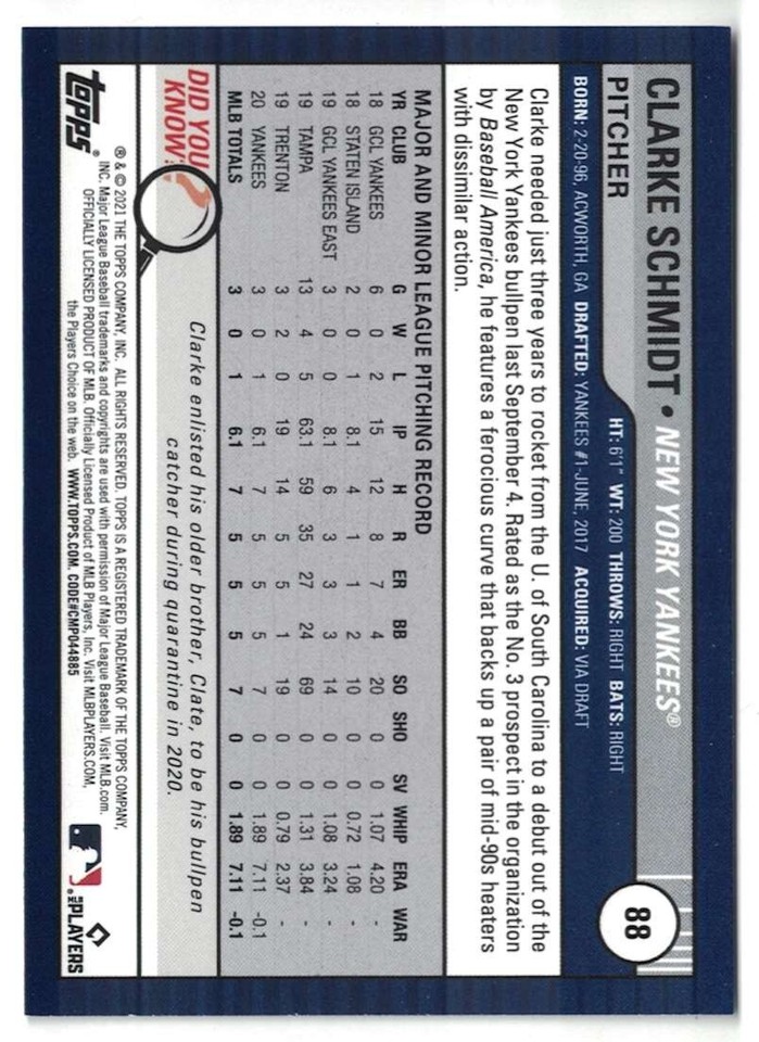 2021 Topps Big League #88 Veterans & Rookies - Clarke Schmidt ROOKIE RC ...