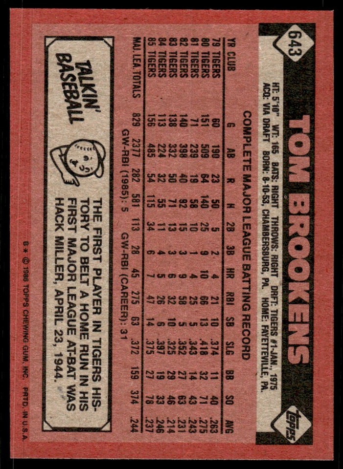 1986 Topps Baseball Card Tom Brookens Detroit Tigers #643 | eBay