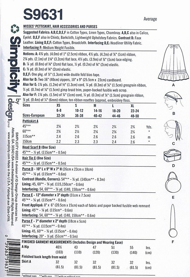 Simplicity 9631 Pettiskirt Hair Accessories Purses Pattern Misses XS-XL ...