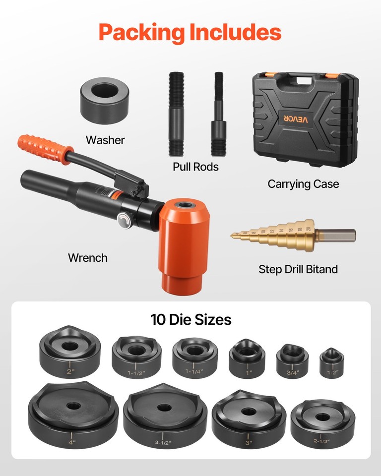 VEVOR Knockout Punch Set, 15 Ton 1/2" to 4" Hydraulic Knockout Set W/10 ...