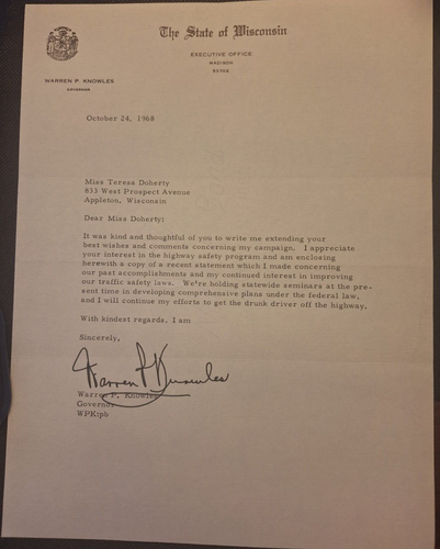 WARREN P. KNOWLES WISCONSIN GOVERNOR SIGNED LETTER! e9571HXX | eBay