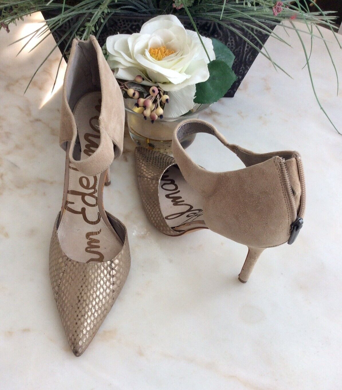 SAM EDELMAN DELLA Woman's Gold Front Beige Suede Leat… - Gem