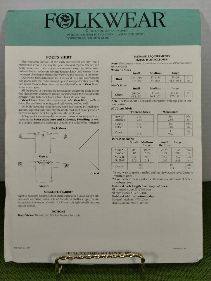 folkwear sewing patterns #217 Poet's Shirt Costume Renaissance Sew Men ...