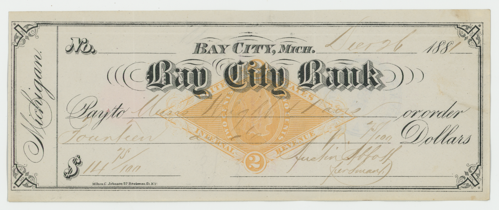 RN-G1 Type G revenue on Bay City Bank check — Bay City, Michigan — 1881 ...