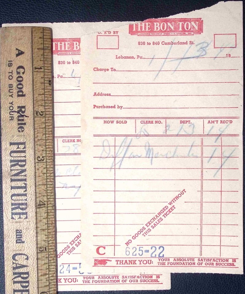 Vintage Bon Ton Lebanon PA Store Receipts & Ads Pair 1930s–40s ...