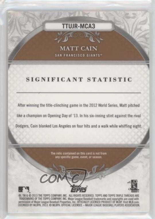 2013 Topps Triple Threads Unity Jumbo Relics Sepia /27 Matt Cain #TTUJR ...