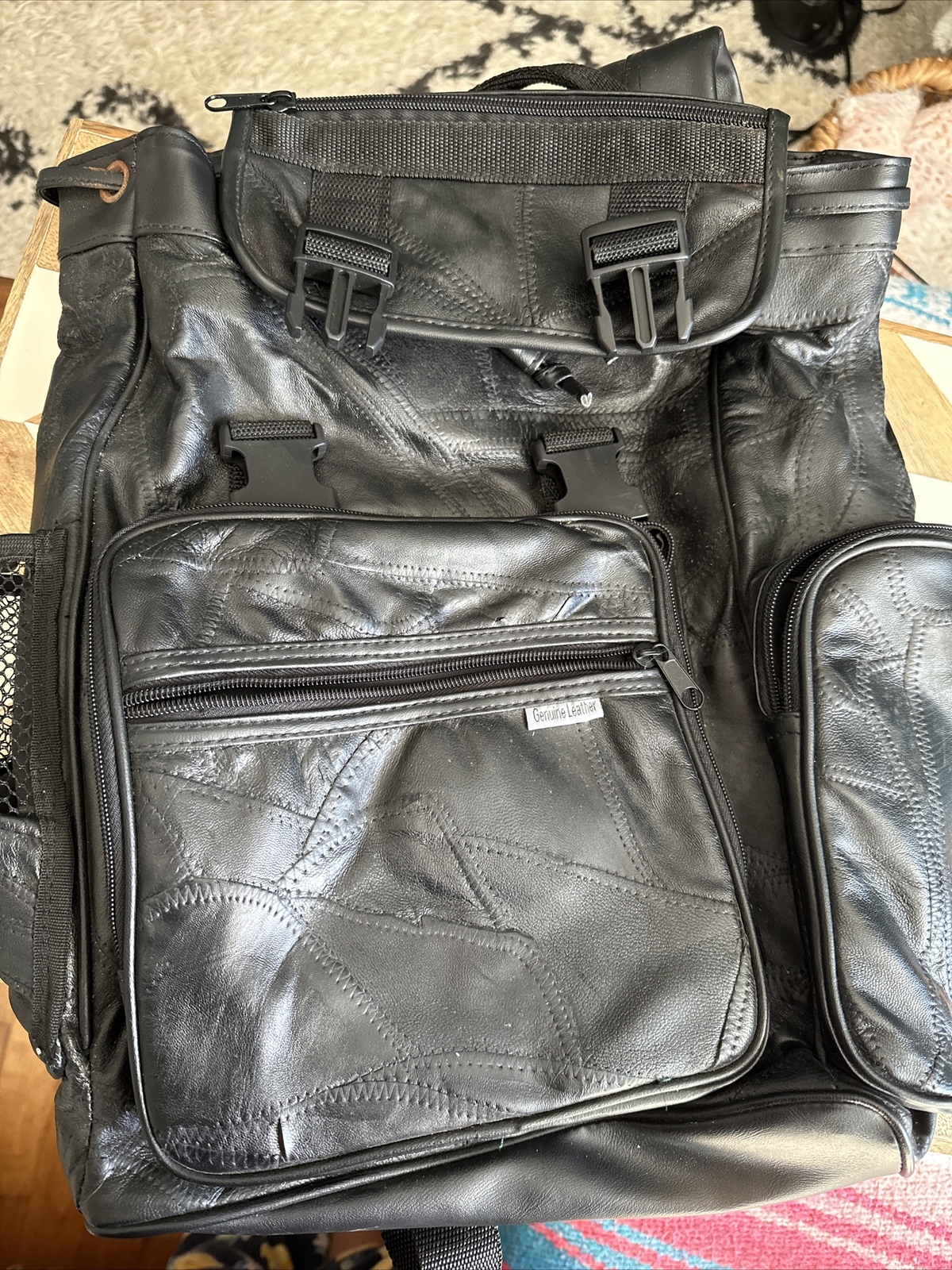 BLACK GENUINE LEATHER LRG BACKPACK SATCHEL W/ TWO SIDE POCKETS | eBay