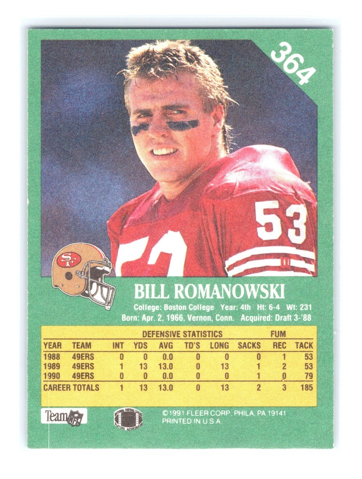 1991 Fleer Football #364 Bill Romanowski San Francisco 49ers | eBay