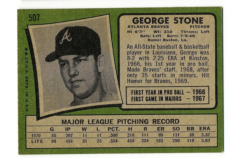 1971 TOPPS ATLANTA BRAVES GEORGE STONE #507 NM | eBay