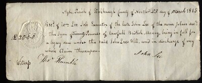 1815 John Lee of Ayle, Northumberland, Legacy Receipt of £20- + 8d ...