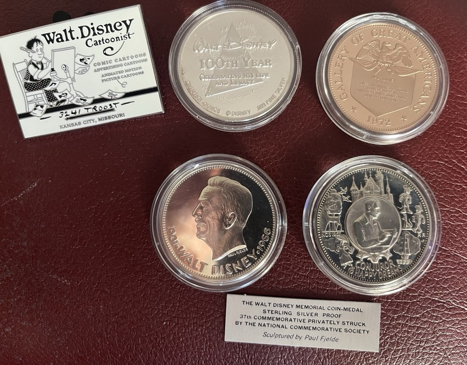 4 Walt Disney Rare Sterling Silver & Bronze Coins Plus A Rare Disney ...