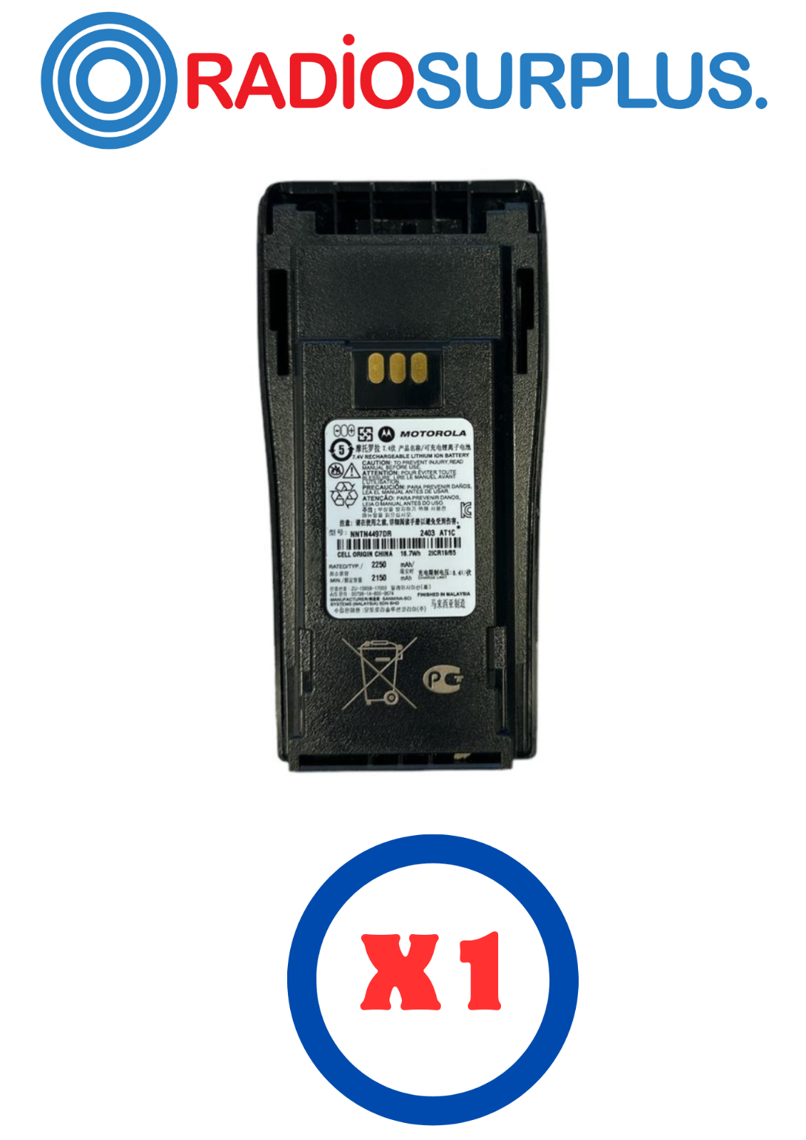 1 x Motorola Original NNTN4497 Lithium 2250Mah Battery for CP200 CP200D ...