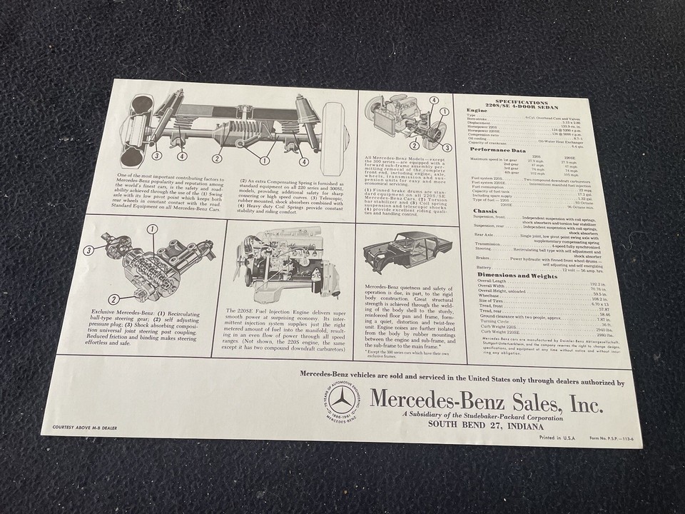 1962 1963 Mercedes Benz 220S 220SE Sedan Catalog Sales Sheet W111 ...