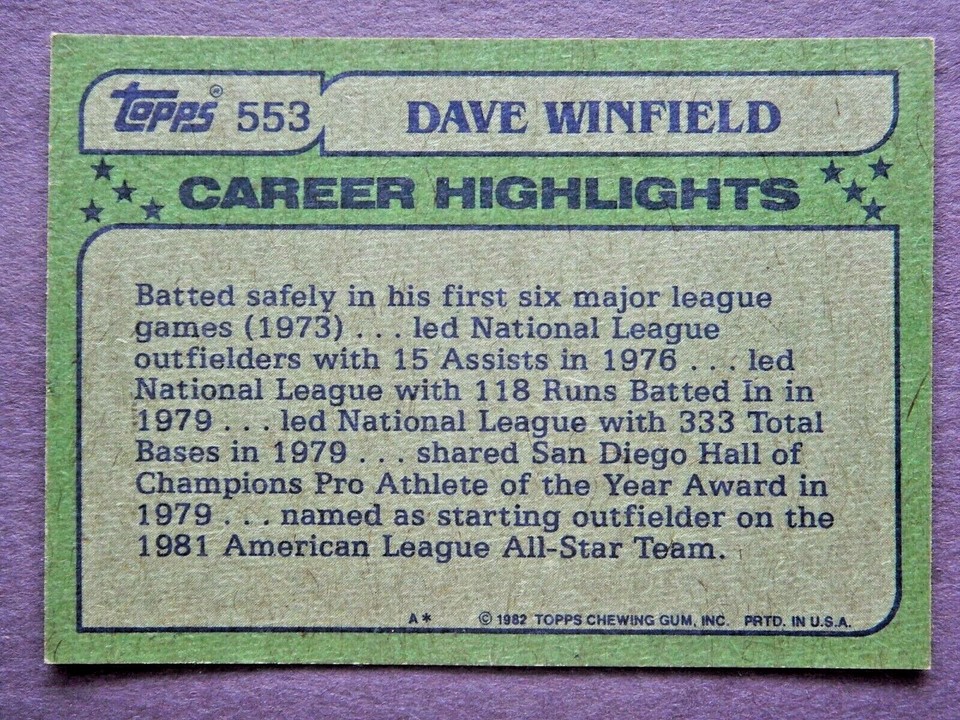 Dave Winfield All Star #553 Topps 1982 Baseball Card (New York Yankees ...