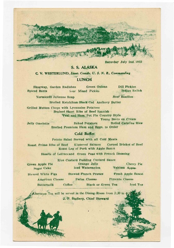 SS Alaska Menu The Alaska Steamship Line 1932 Seward Horseback Riders ...