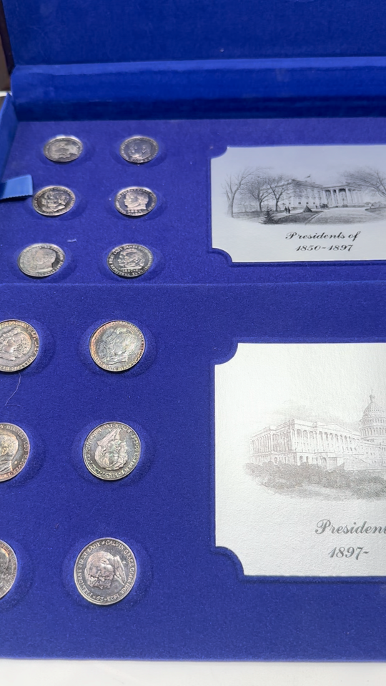 Silver Presidential Portraits Coins in Wooden Box, 36 Medal In Total ...