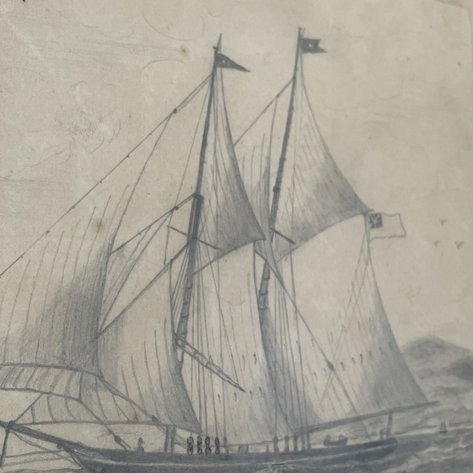 Antique Pencil Drawing of British Yacht Sail Boat Signed George Webster ...