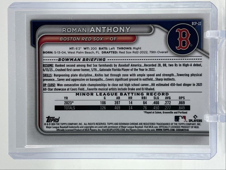 ROMAN ANTHONY 2024 BOWMAN CHROME GOLD REFRACTOR RED SOX /50 Q1702 | eBay