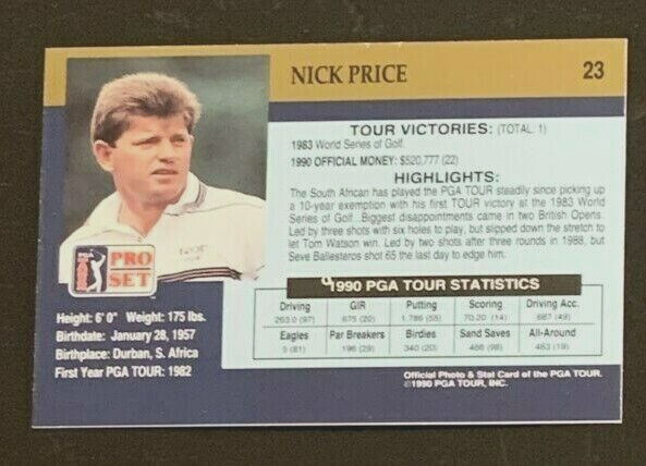 1990 NICK PRICE PGA TOUR PRO SET #23 SIGNED AUTOGRAPH GOLF CARD | eBay