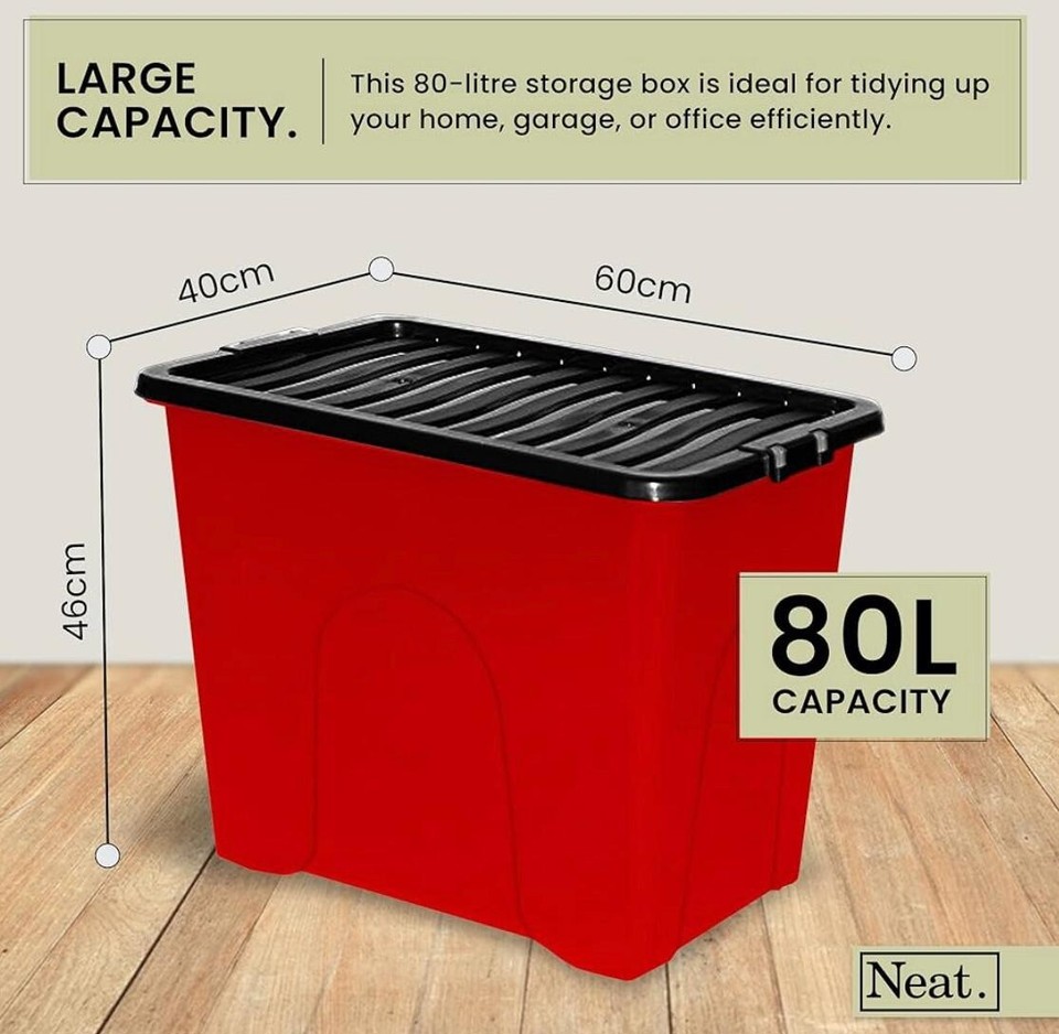 80 Litre Red Storage Box Versatile Home Storage Black Lid Pack 5 | eBay UK