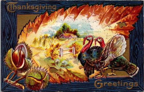 Vintage THANKSGIVING Postcard Turkeys CHESTNUTS Field Cottage EMBOSSED ...