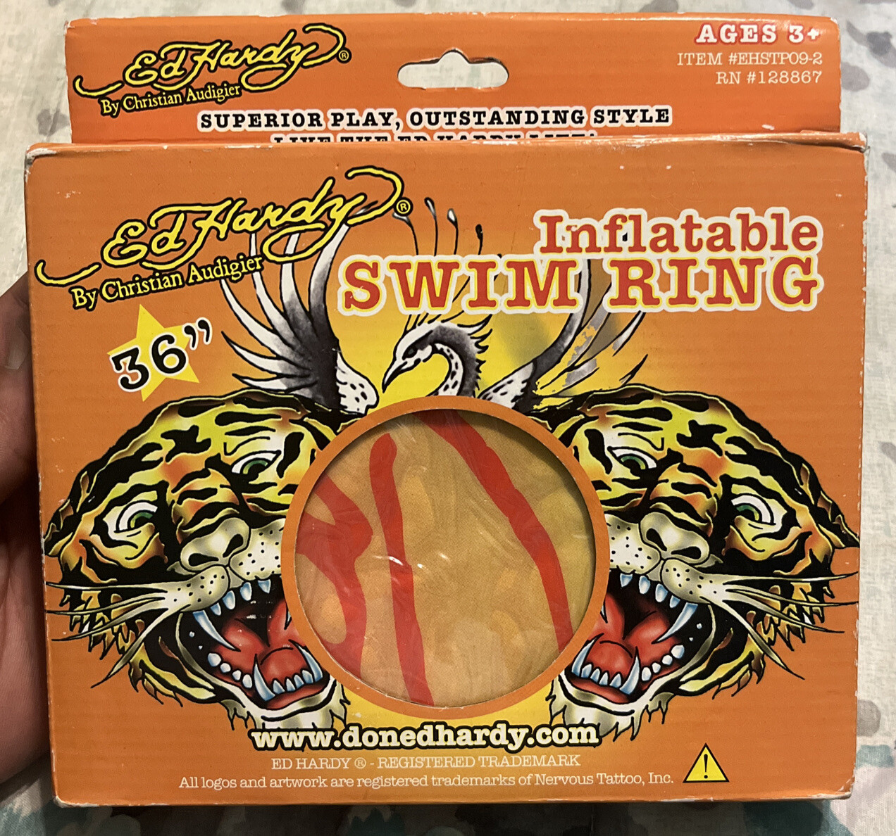 1-ed hardy 36” inflatable Tiger swim ring yellow new sealed rare htf ...