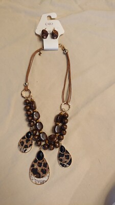 Leopard Charm And Wood And Brown Stone Bead Layered Necklace And ...