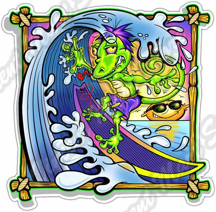 Gecko Surfing Surf Wave Reptile Lizard Car Bumper Vinyl Sticker Decal 4 ...