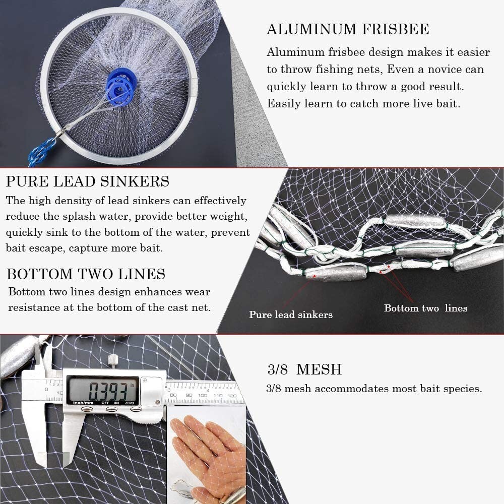 Drasry Saltwater Fishing Cast Net with Aluminum Frisbee for Bait Trap ...