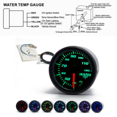 Car 12V 2"/52mm 7 Colors LED Water Coolant Temperature Temp Gauge Meter ...
