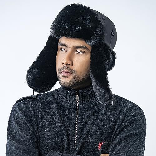 Winter Trapper Hat Faux Fur Hat Russian Ushanka Small-Medium Black ...
