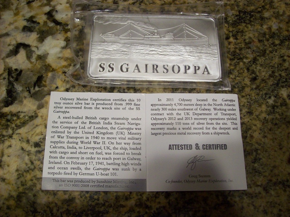 SS GAIRSOPPA SHIPWRECK CERTIFIED SILVER BAR 10 TROY OZ .999 FINE SILVER #A00612 | eBay