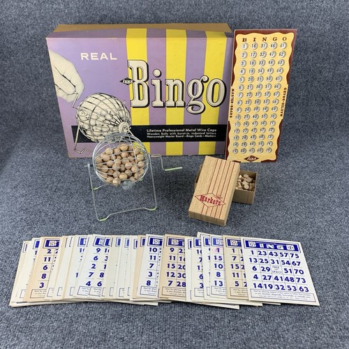 Vintage 1941 Bingo Game Set Metal Cage 73 Wooden Balls 42 Cards Wood ...