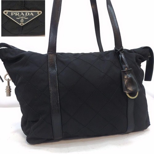 Prada Tote Bag, Quilted, Leather× Nylon, A4 Bag, Shoulder Bag, Black, with Key | eBay