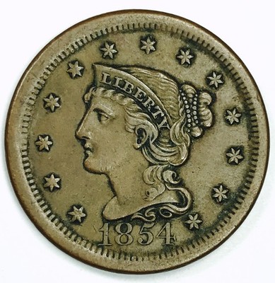 1854 BRAIDED HAIR LARGE CENT! CHOICE AU+++! INCREDIBLE FIND! INSANE! NR ...