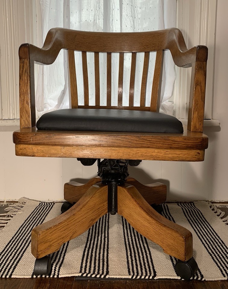 vintage TIGER OAK swivel tilt adjustable rolling banker/lawyer/office ...