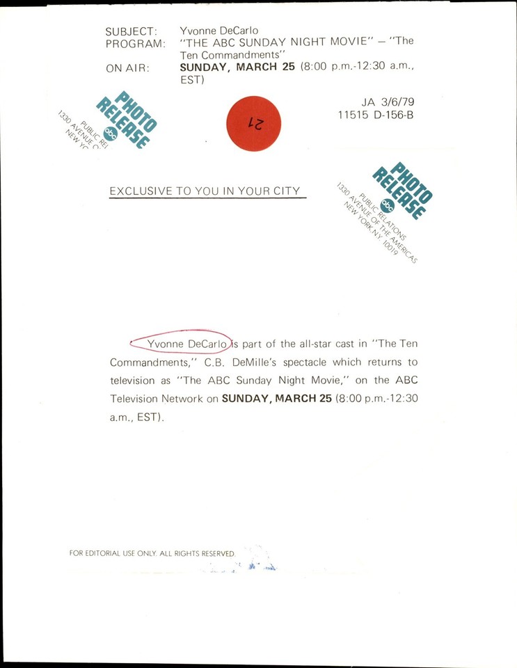 LD285 1979 Original Photo YVONNE DECARLO The Ten Commandments Beautiful ...