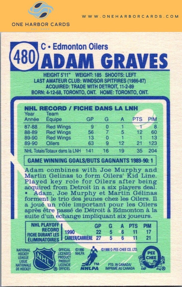 1990 O-Pee-Chee Edmonton Oilers Hockey Card #480 Adam Graves | eBay