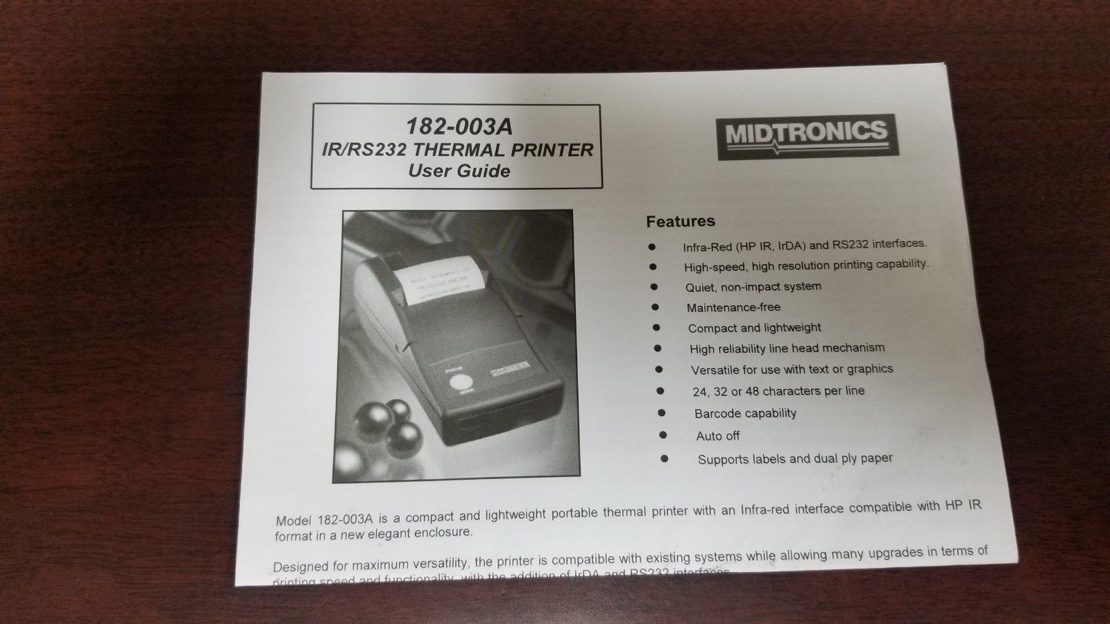 Midtronics 182-003A IR/RS232 Thermal Printer User Guide | eBay