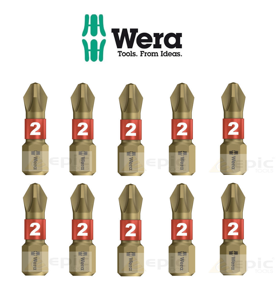 10 x WERA PH2 Phillips 2 Bi-Torsion Gold Extra Hard Screwdriver Bits ...