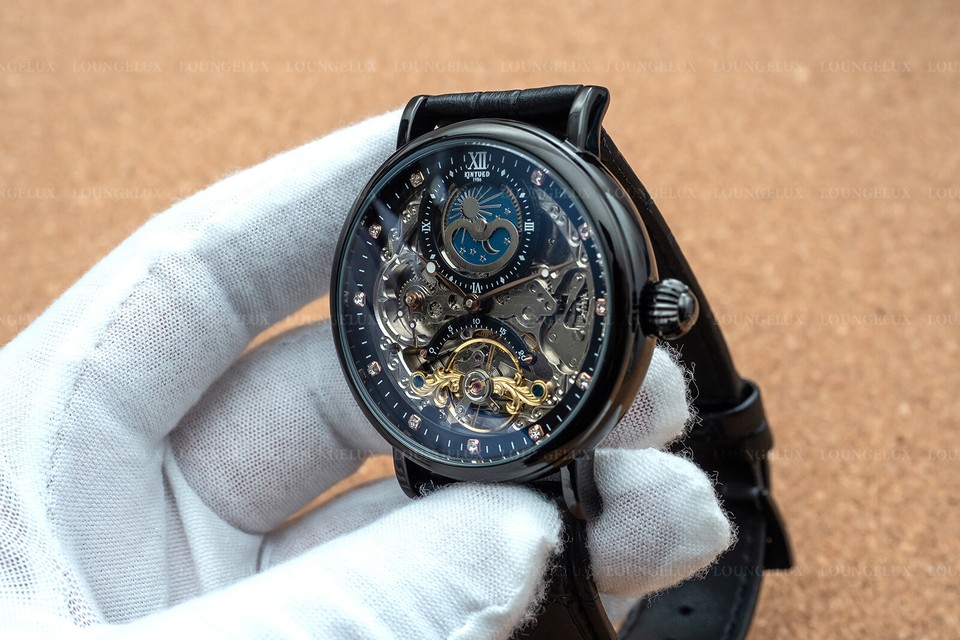 Mens Dual Time Flywheel Skeleton Automatic Mechanical Watch Black ...