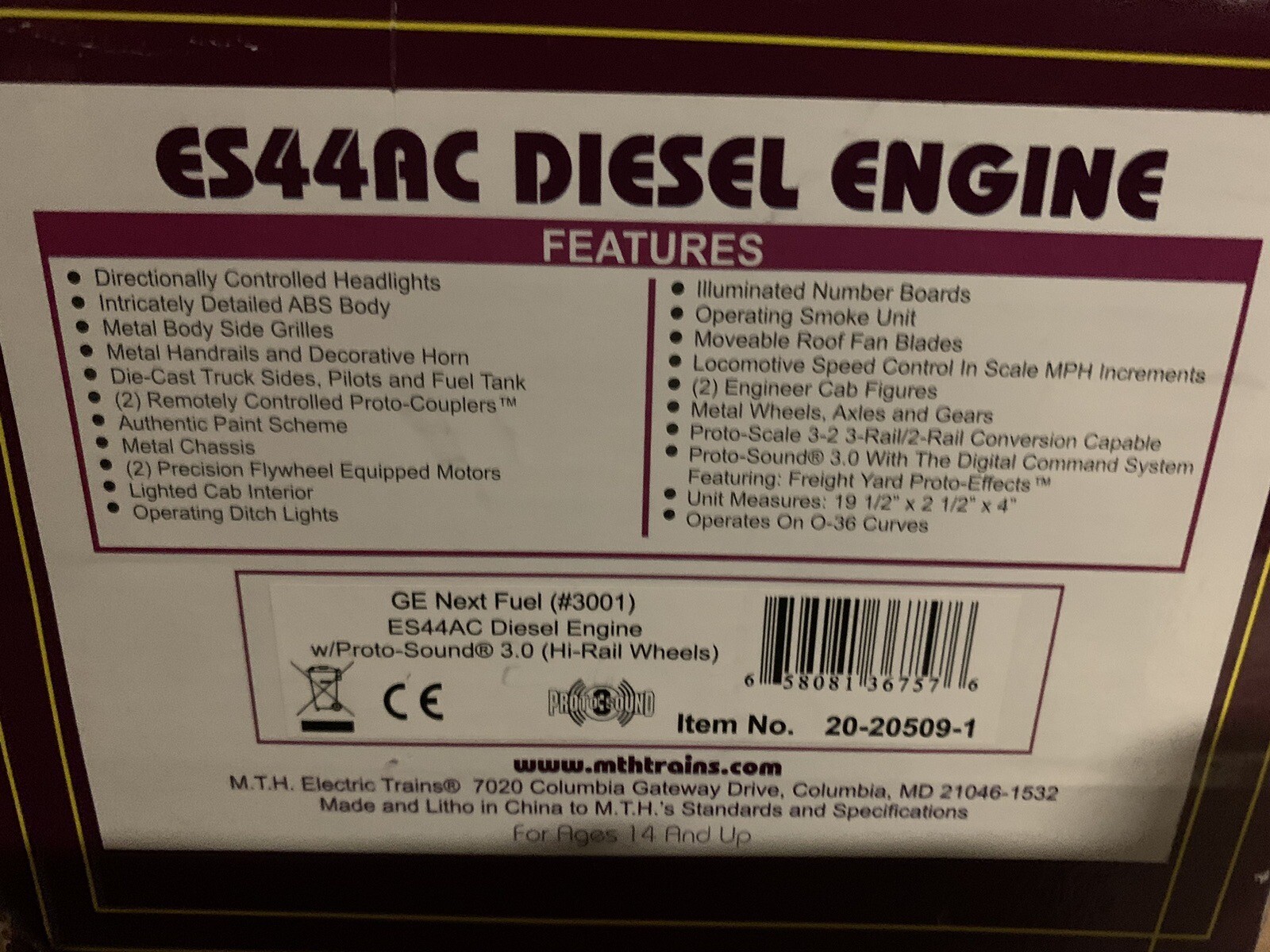 MTH PREMIER GE NEXT FUEL ES44AC DIESEL ENGINE PROTOSOUND 3! 20-20509-1 ...