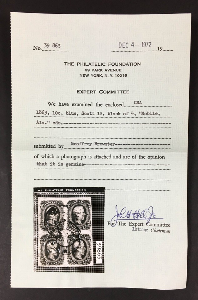 MOMEN: US STAMPS CSA #12 IMPERF BLOCK OF 4 USED PF CERT LOT #93327 | eBay