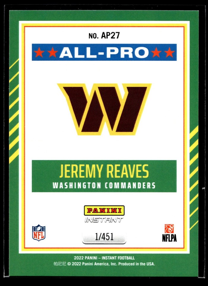 2022 Panini Instant NFL Jeremy Reaves ALL-PRO TEAM 1/451 SP Commanders ...