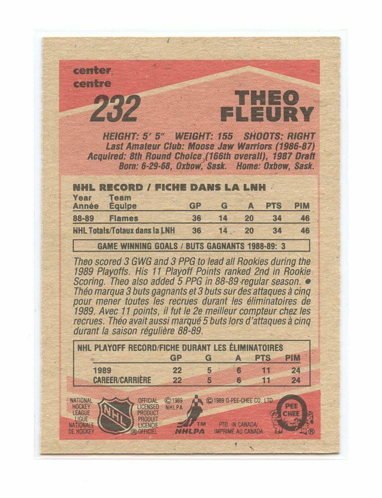 1989-90 O-Pee-Chee #232 Theoren Fleury Calgary Flames Rookie Card | eBay