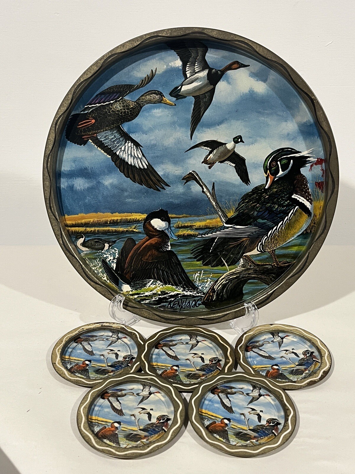 Vintage KEN HAAG Tin Serving Tray 11" Matching Coasters Water Fowl ...