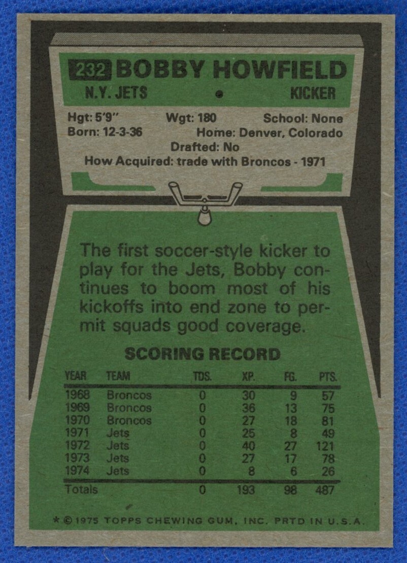 1975 Topps Football # 232 Bobby Howfield New York Jets | eBay
