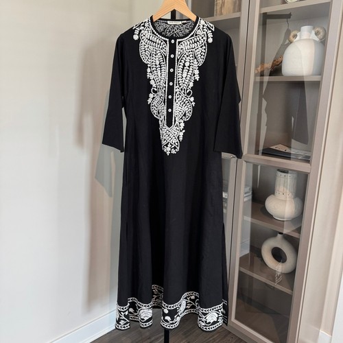 Roller Rabbit Embroidered Midi Dress Cotton Flax Black White Shift ...
