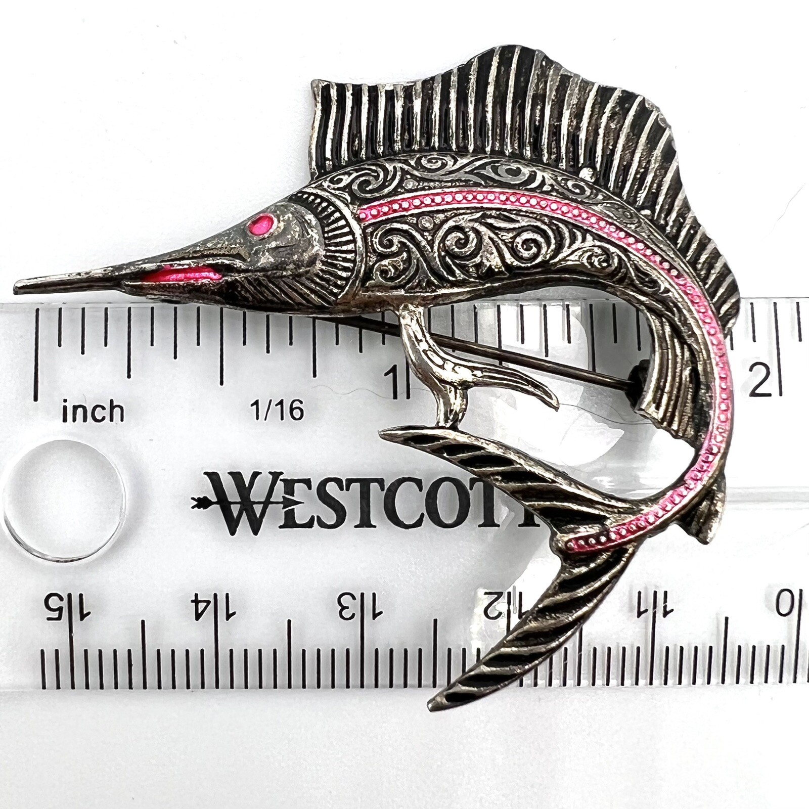 Vintage Damascene MARLIN SWORDFISH FISH Pin Brooch Sp… - Gem